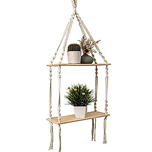 Easever Hanging Shelves for Wall, 2-Tier Macrame Shelf Wooden Floating Shelf Plant Hanger, Wall Hanging Boho Shelf Room Decor for Window, Bathroom, Bedroom, Apartment, Living Room