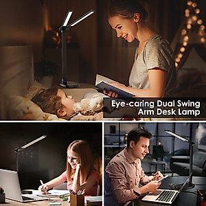 MOOKCCOS Double Head LED Desk Lamp with USB Charging - 5 Color Modes, Memory Function - Ideal for Home Office Desk Lamp, Multi-Angle Adjustable and Foldable Design Table Lamp- Black