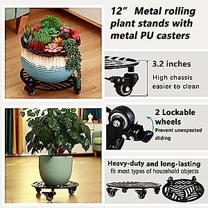Large Metal Plant Caddy with Wheels 14 Inches Heavy-Duty Wroght Iron Rolling Plant Stand with Casters Indoor Outdoor Plant Pot Roller Base Plant Movers Plant Saucers Black, Strong Load Capacity