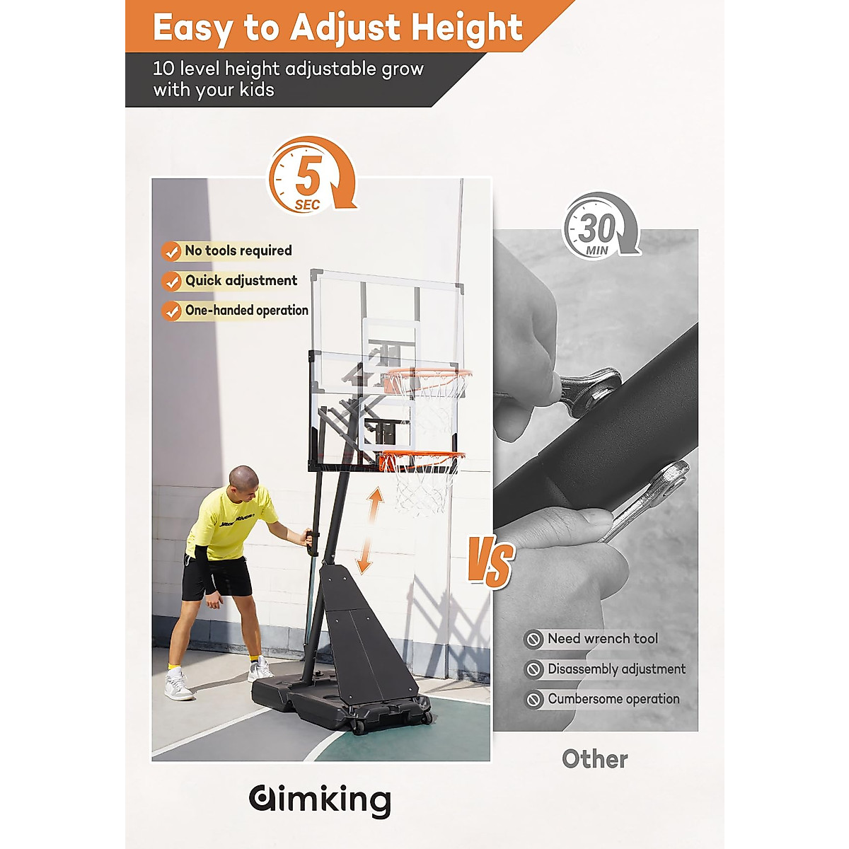 Aimking Basketball Hoop Outdoor System with 44 Inch Shatterproof Backboard, 4.8FT-10FT Height Adjustable Basketball Goal System for Youth/Teens/Adults Indoor Outdoor Pool