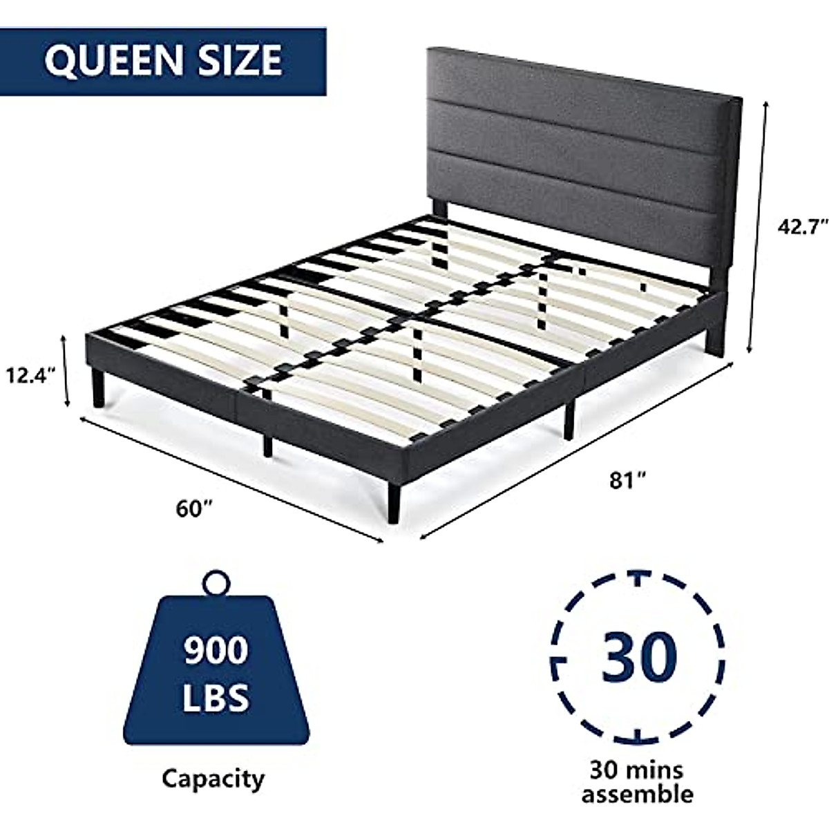 Molblly Queen Bed Frame with Headboard, Upholstered Platform Bed Frame, No Box Spring Needed, Non-Slip and Noise-Free, Easy Assembly, Dark Grey