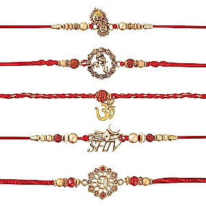 Eximious India Set of 5 Rakhi For Brother With Card Metal Pendant For Raksha Bandhan Designer Rakhi Thread for Bhaiya (Set of 5-3)