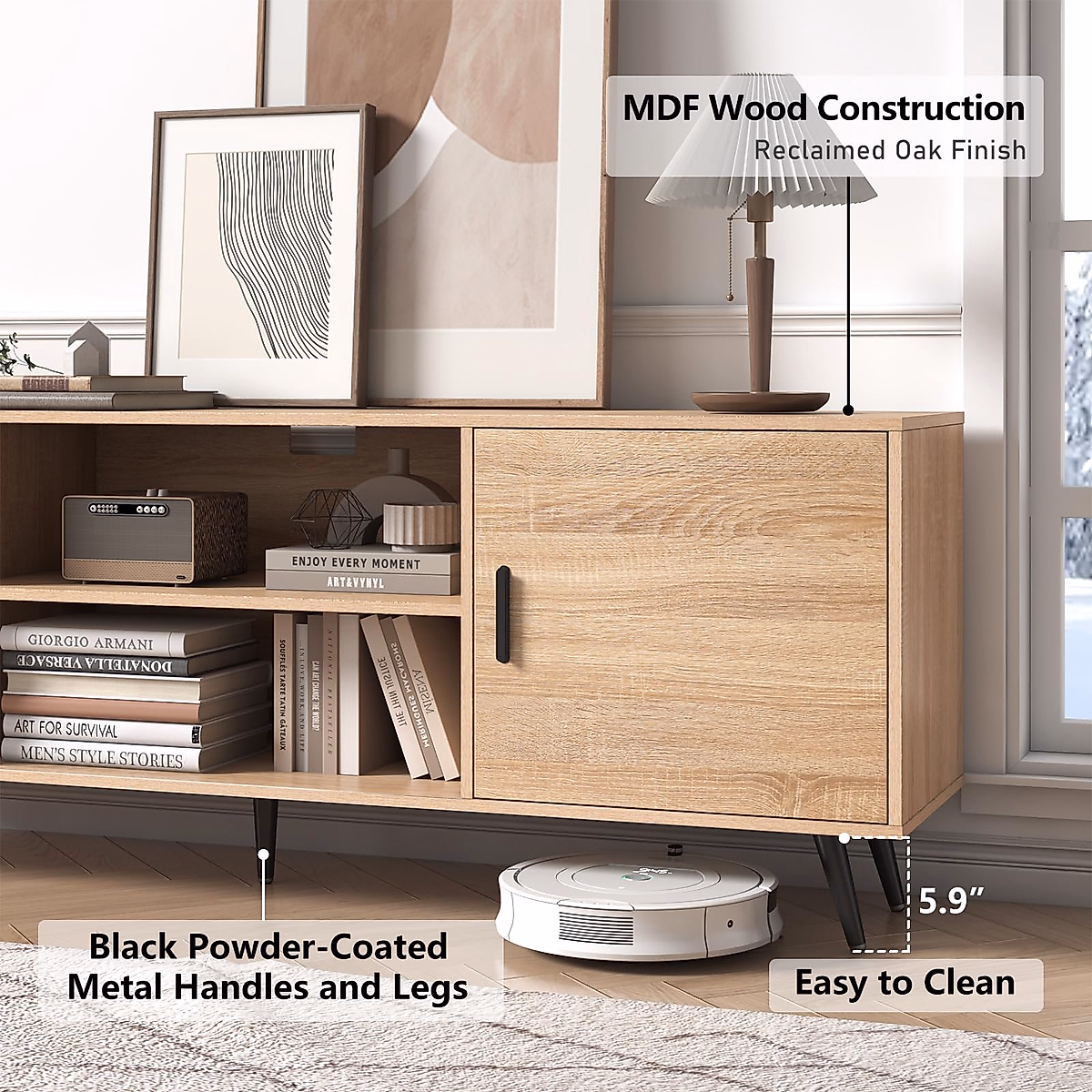 AUXSOUL Mid Century Modern TV Stand - 70" for 75" TV, Wood with Storage, Entertainment Center for Living Room & Bedroom, Media Console, Oak