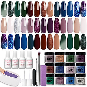 31Pcs Dip Nails Powder Starter Kit, AZUREBEAUTY 20 Colors Purple Blue Glitter Dipping Powder Recycling Tray Liquid Set with Base Top Coat Activator for French Nails Art Manicure DIY Home Salon