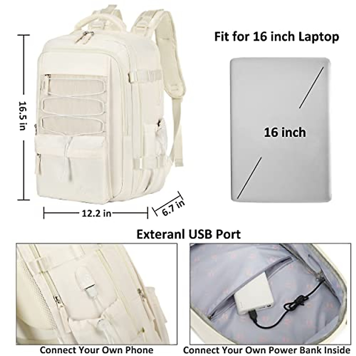 Travel Backpack for Women Men 15.6 Inch Laptop Backpacks with USB Port Carry on Bag Airline Approved Large College School Bookbags Waterproof Work Business Sport Rucksack Casual Daypack (White)