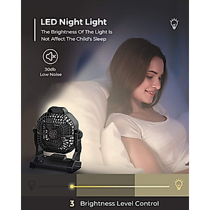 Camping Fan with LED Lantern, 10400 mAh 9 Inch Rechargeable Battery Powered Fan with 270°Head Rotation, Stepless Speed and Quiet Battery Operated Tent Fan for Picnic, Barbecue, Fishing, Travel, Home