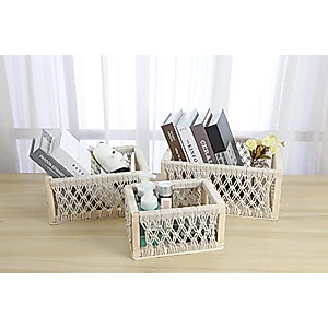 Macrame Storage Baskets for Shelves and Closet, Boho Decorative Boxes for Home Decor, Perfect Pampas Grass Holder at Living Room(White, Set of 3)