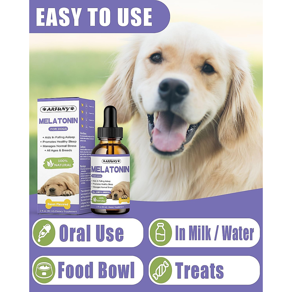 Melatonin for Dogs | 60ML Natural Calming for Dogs Anxiety & Stress with Melatonin, Valerian, Ashwagandha & L-Theanine | Liquid Melatonin for Dogs Helps with Sleep, Thunder, Fireworks | 2 oz, Bacon