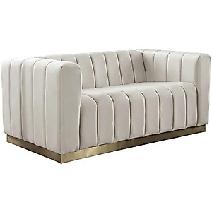 Meridian Furniture 603Cream-L Marlon Collection Modern | Contemporary Velvet Upholstered Loveseat with Deep Channlel Tufting and Brushed Gold Finish, Cream, 62.5" W x 34" D x 28" H