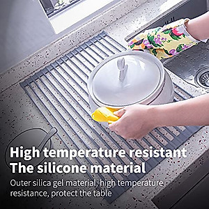 Roll Up Dish Drying Rack Drain Board Drainers, Over The Sink Dish Drying Rack for Kitchen Counter Foldable Dish Drainer Sink Rack Kitchen Organization Gadgets 17''x13'', Warm Grey