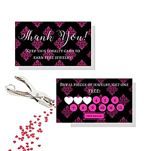Jewelry Loyalty Cards | 50 Pk of Cards| Thank You Notes Black and Pink Fleur | 5 Bling Buy 12 Get One Piece of Jewelry Free