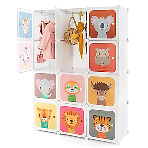 HONEY JOY Kids Wardrobe Closet, Baby Cartoon Clothes Storage Organizer, 12 Cubes & 2 Hanging Sections, Portable Children DIY Modular Bedroom Armoire Dresser Cabinet for Boys Girls (White)