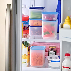 Tupperware Stacking Square Storage Set - Dishwasher Safe & BPA Free - (6 Clear Containers + 6 Blue Lids)