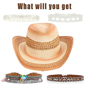 Cowboy Cowgirl Straw Hat with Bands for Women - Western with Wide Brim for Coastal Sun Beach Summer Ivory