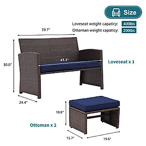 OC Orange-Casual Outdoor Loveseat 3 Piece Patio Furniture Set Outdoor Conversation Set All-Weather Wicker Love Seat with Ottoman/Side Table, Brown Rattan, Blue