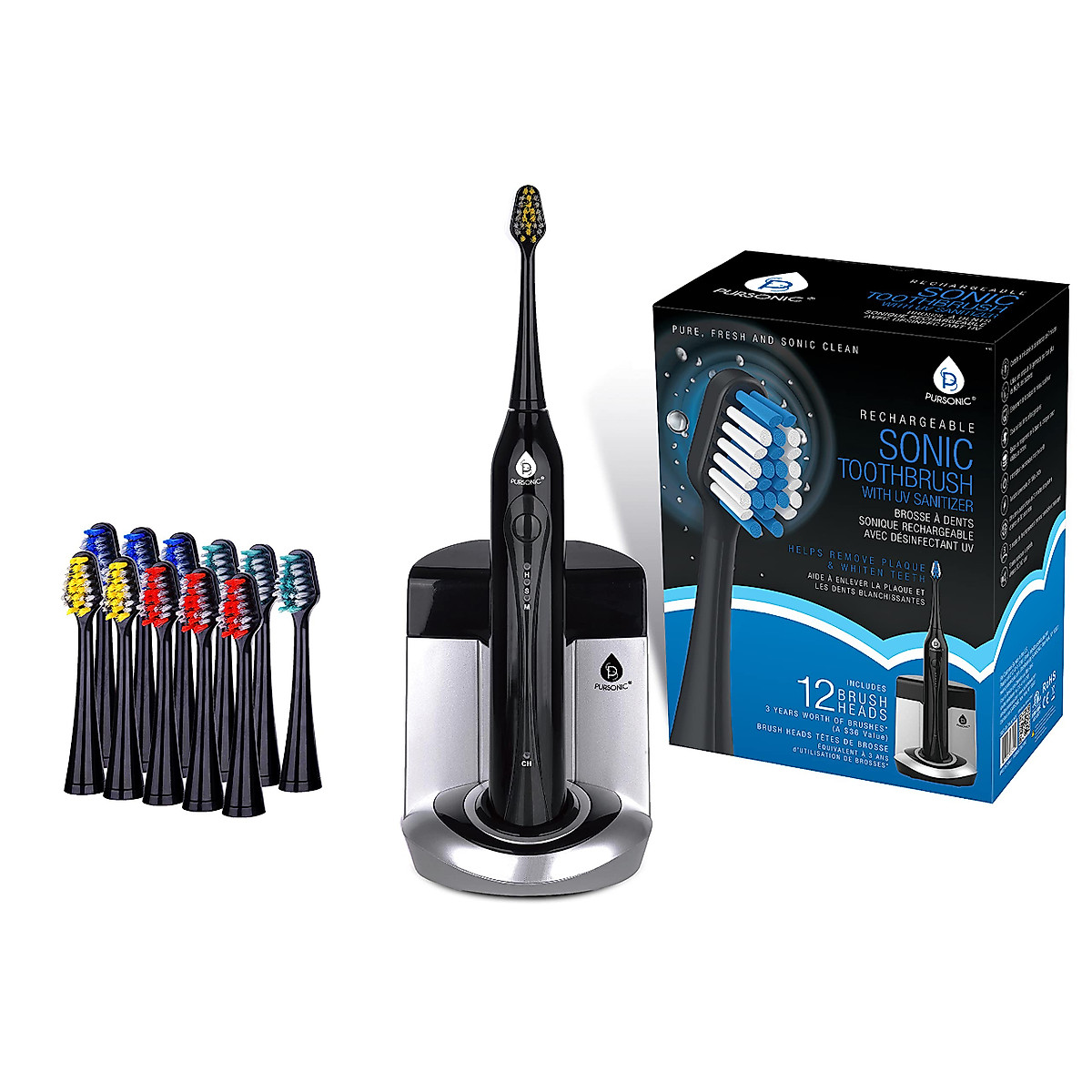 Pursonic S450 Deluxe Plus Sonic Rechargeable Toothbrush with built in UV sanitizer and bonus 12 brush heads included, Black, 1.25 Pound