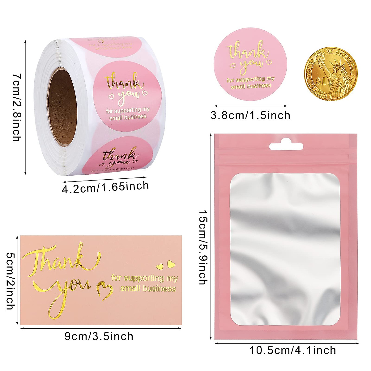 Lefiocky 1120 Pcs Thank You Stickers and Cards Sets 1.5 Inch Thank You for Supporting My Small Business with Gold Lettering, Tiny Thank You Cards and Resealable Packaging Bag for Business - Pink