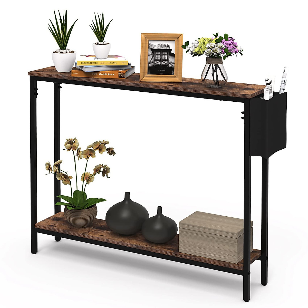 Bigbiglife 39.4" Console Entryway Table, 2-Tier Industrial Narrow Sofa Table with Storage Shelves for Hallway, Living Room, Bedroom, Foyer, Corridor, Office, Rustic Brown and Black