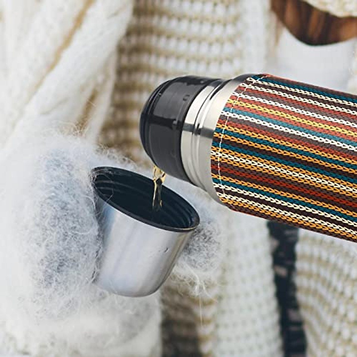 Retro Stripe Boho Stainless Steel Coffee Thermos, Double Walled Insulated Water Bottle for Outdoor Sports, Office, Car (17 OZ/500ML)