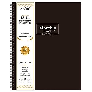 2023-2024 Monthly Planner/Calendar - 18-Month Planner with Tabs & Pocket, July 2023 - December 2024, Contacts and Passwords, 8.5" x 11", Thick Paper, Twin-Wire Binding - Black