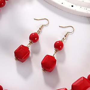 Coiris Chunky Acrylic Beads Strand Necklaces Set,Statement Geometric Beads Necklace Earrings,Acrylic African Beaded Necklace for Accessory Jewelry(N0109+ER-Red0