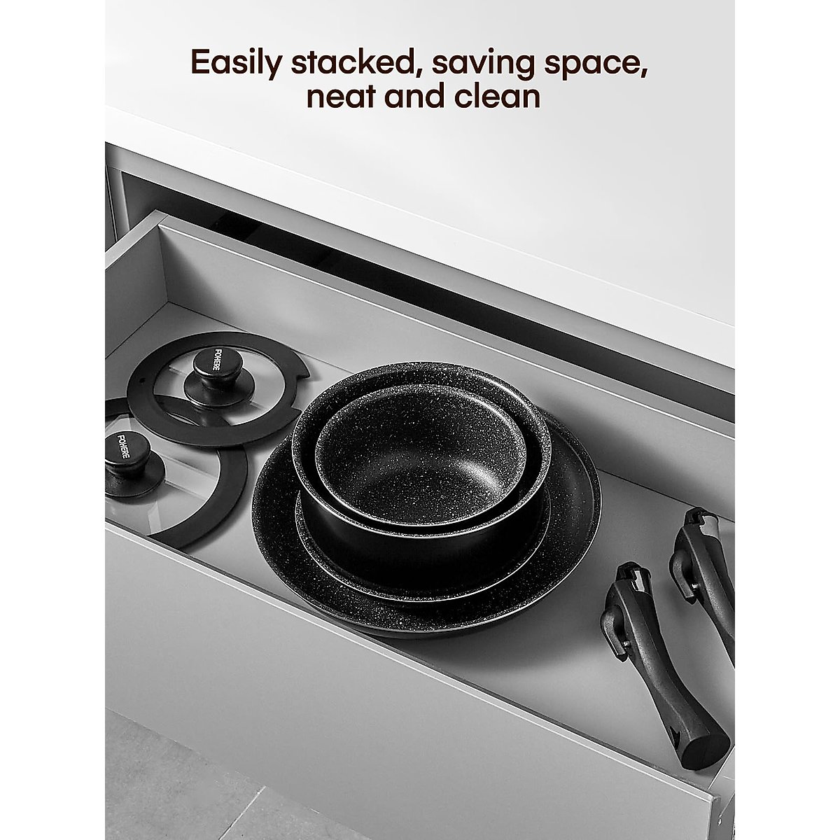 FOHERE 8pcs Pots and Pans Set with 2 Detachable Handles, Aluminum Nonstick Cookware Set, Induction Pan Set, RV Cookware Set, Oven Safe, Stackable