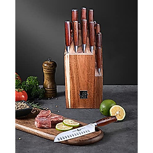 TUO 17 PCS Kitchen Knife Set for Kitchen with Block, German X50CrMov15 Steel Blade Knife Block Set, Full Tang Pakkawood Handle