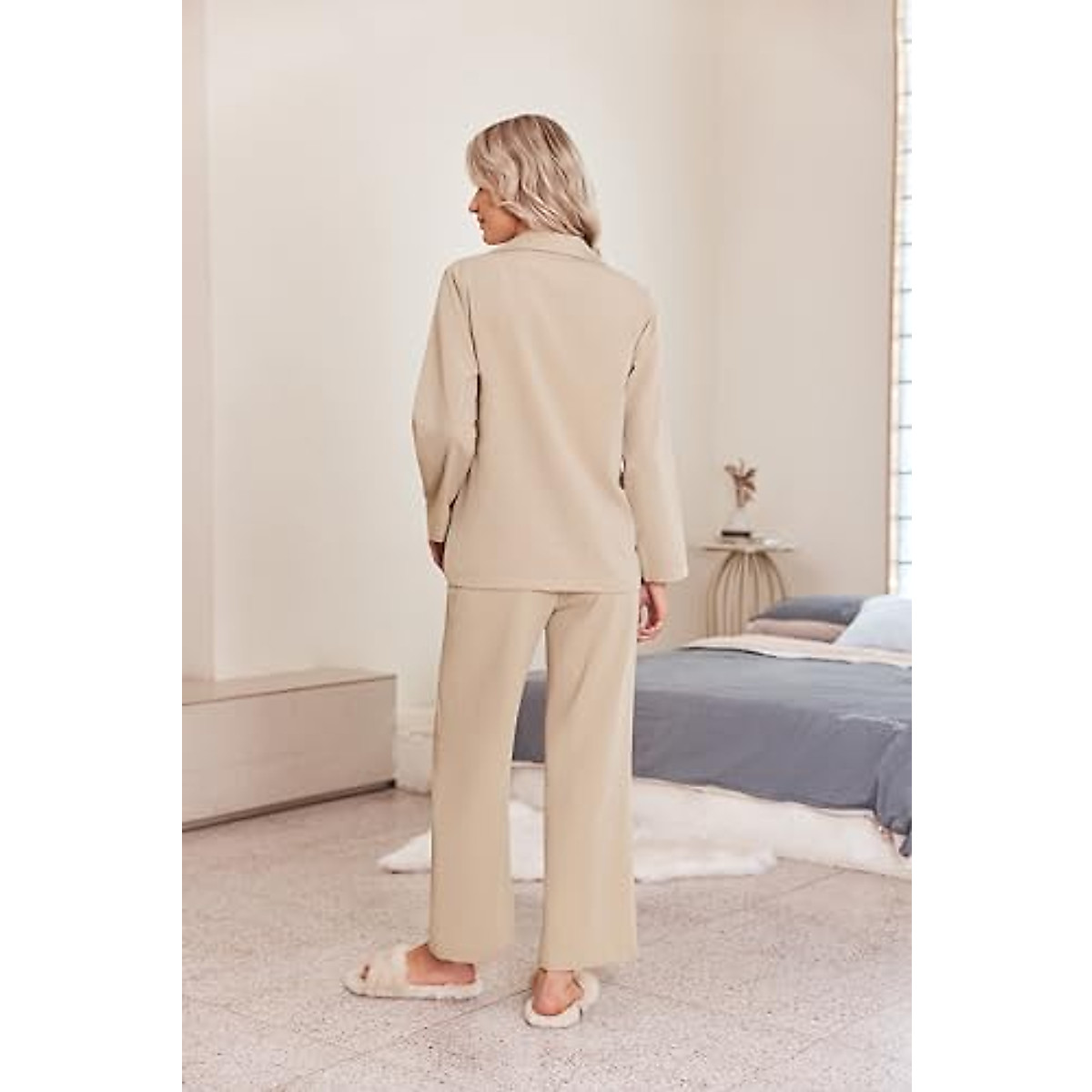 Ekouaer Pajamas Set for Womens 2 Piece Cotton Plaid Loungewear Long Sleeve Sleepwear Soft Button Down Shirts Pjs with Pockets Khaki