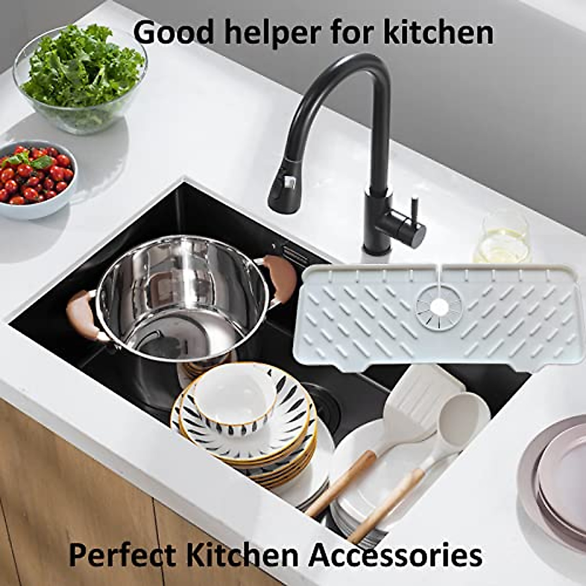 Kitchen Faucet Sink Splash Guard, Silicone Faucet Splash Catcher Mat, Sink Draining Pad Behind Faucet, Sink Splash Drain Drying Pad, Sink Faucet Water Catcher for Kitchen & Bathroom Countertop