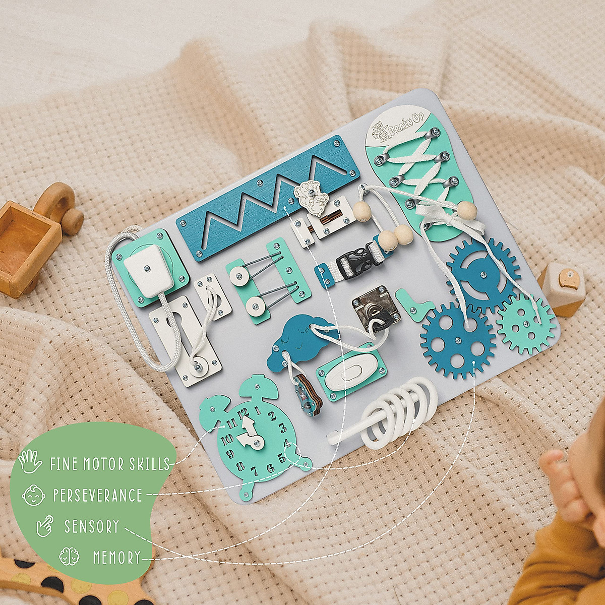 Sensory and Activity Busy Board for Toddlers - Made in Ukraine BD Gift for Boy and Girl, Baby, Kids, Children - Learning, Education, Travel (Gray Blue Mint) Wooden