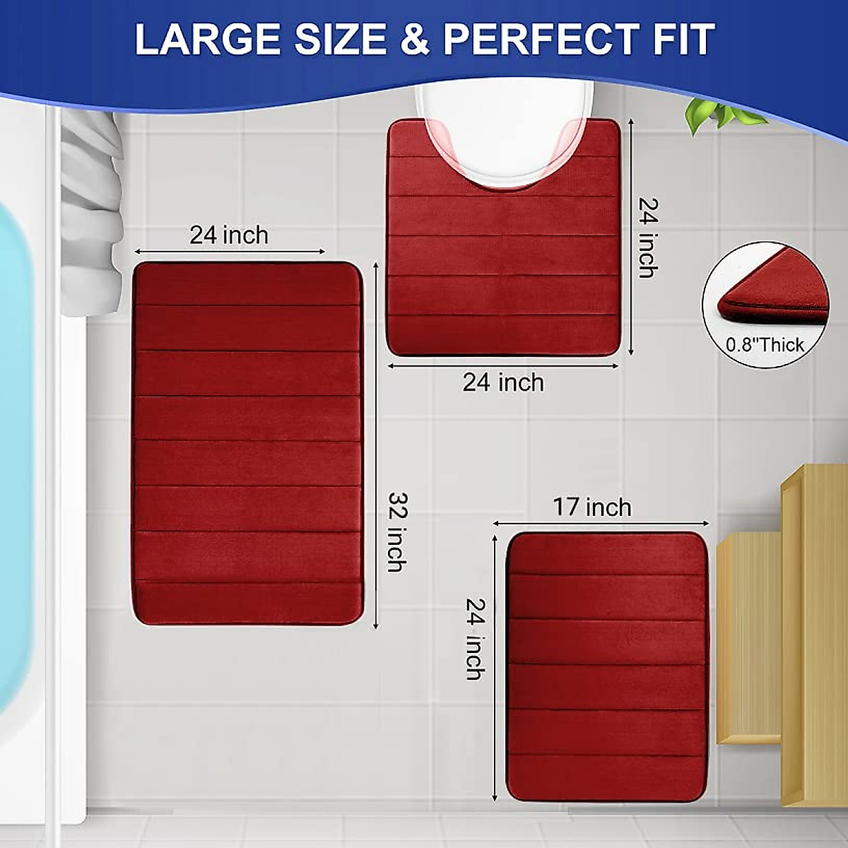 Memory Foam Bath Mat Set Bathroom Mat Set Ultra Soft 3 Piece Bathroom Rug Non Slip and Highly Absorbent Bathroom Floor Mat Machine Washable Toilet Mat（Burgundy, 17” X 24”+24” X 24”+24” X 32”)