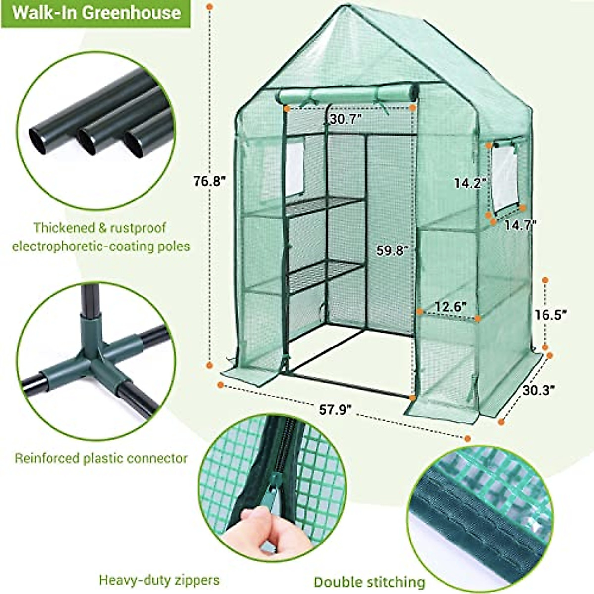 Ohuhu Greenhouse for Outdoors with Mesh Side Windows, 3 Tiers 4 Shelves Small Walk-In Green House Plant Stands Plastic PE Cover Outside Portable Warm House for Seedling Flowers Growing, 4.8x2.5x6.4 FT
