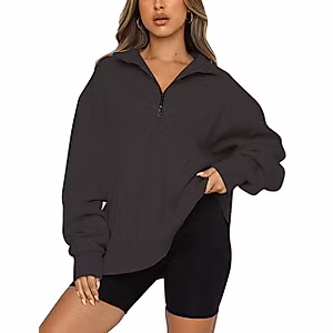 SAFRISIOR Women’s Oversized Half Zip Sweatshirt Drop Shoulder Long Sleeves Collar Quarter 1/4 Zipper Pullover Black