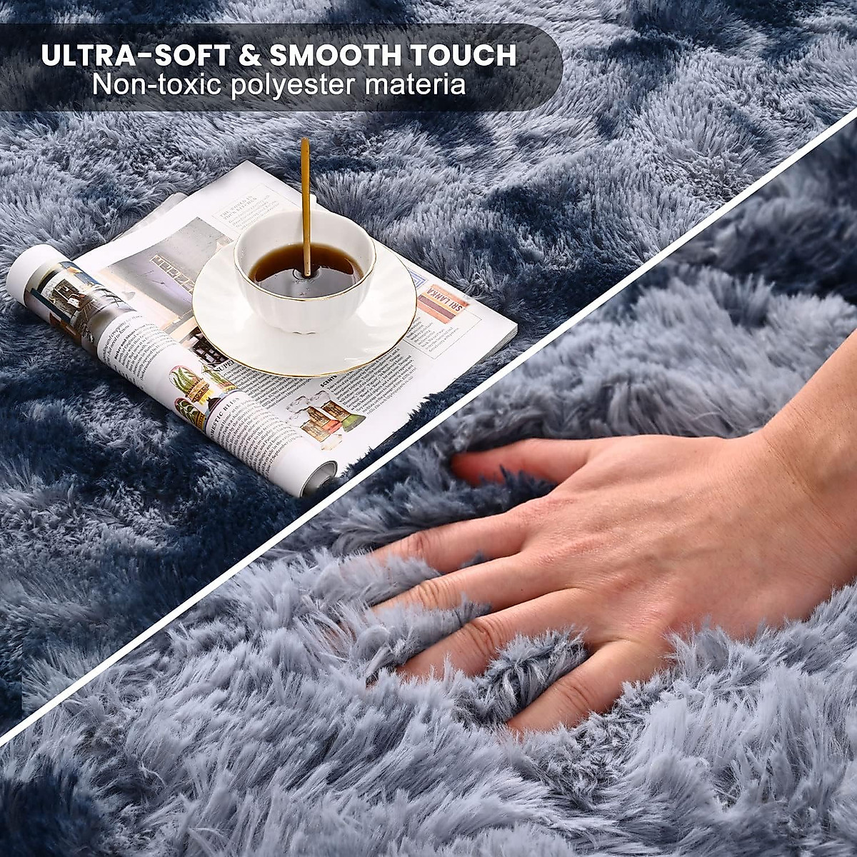 Terrug Fluffy Area Rugs for Living Room Bedroom, 5x8 Feet Tie-Dyed Blue Grey Shag Large Rug Fuzzy Throw Carpet, Anti-Skid Modern Indoor Shaggy Rug for Boy Girls Kids Nursery Room Dorm Home Decor