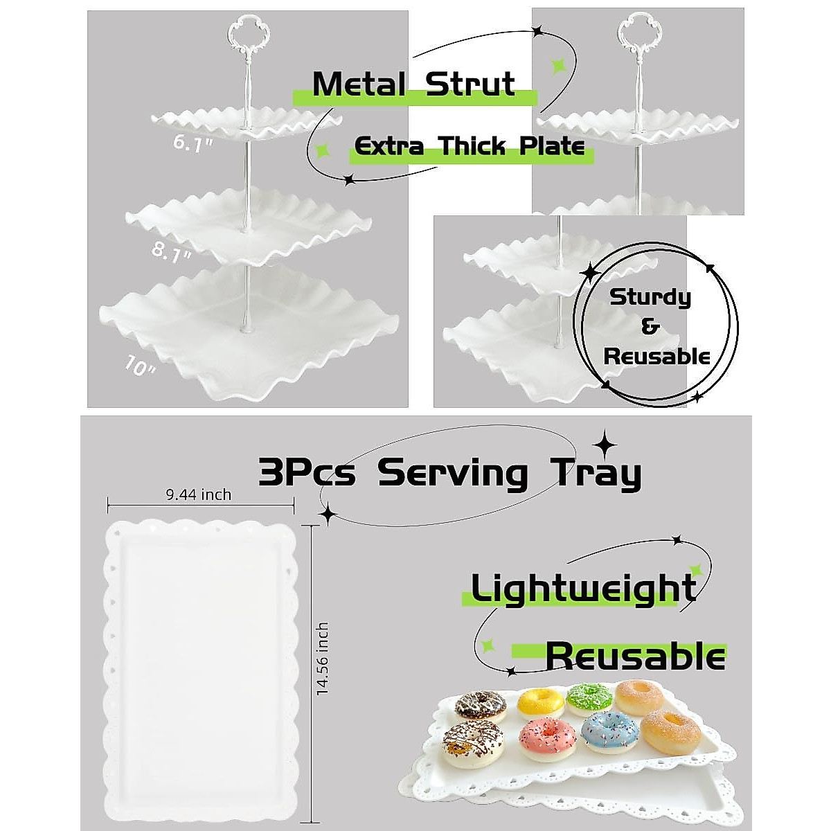 5 Pcs Cupcake Stand Set - Plastic Dessert Table Display Set, 2 White Square 3 Tier Cupcake Display Stands Cookie Tray Rack Serving Tower & 3X 14 in Plastic Trays for Wedding Baby Shower Tea Party