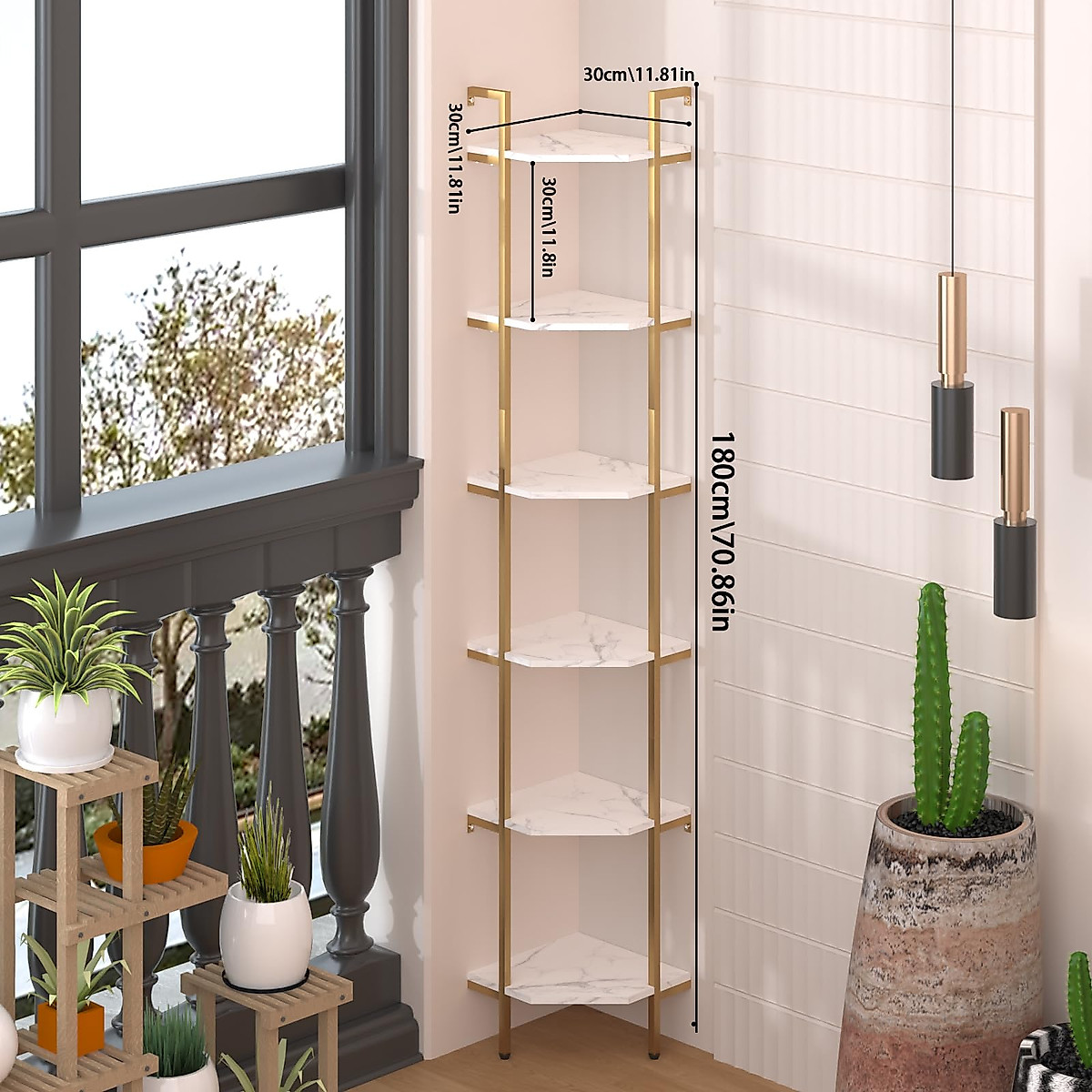 Dosker Corner Shelf White Wall Mounted Bookshelf, 6 Tier Plant Stand and Display Shelf for Living Room,Wall Corner Bookshelf Multi Storage Organizer Ladder Style Shelving Unit with Marble Accents