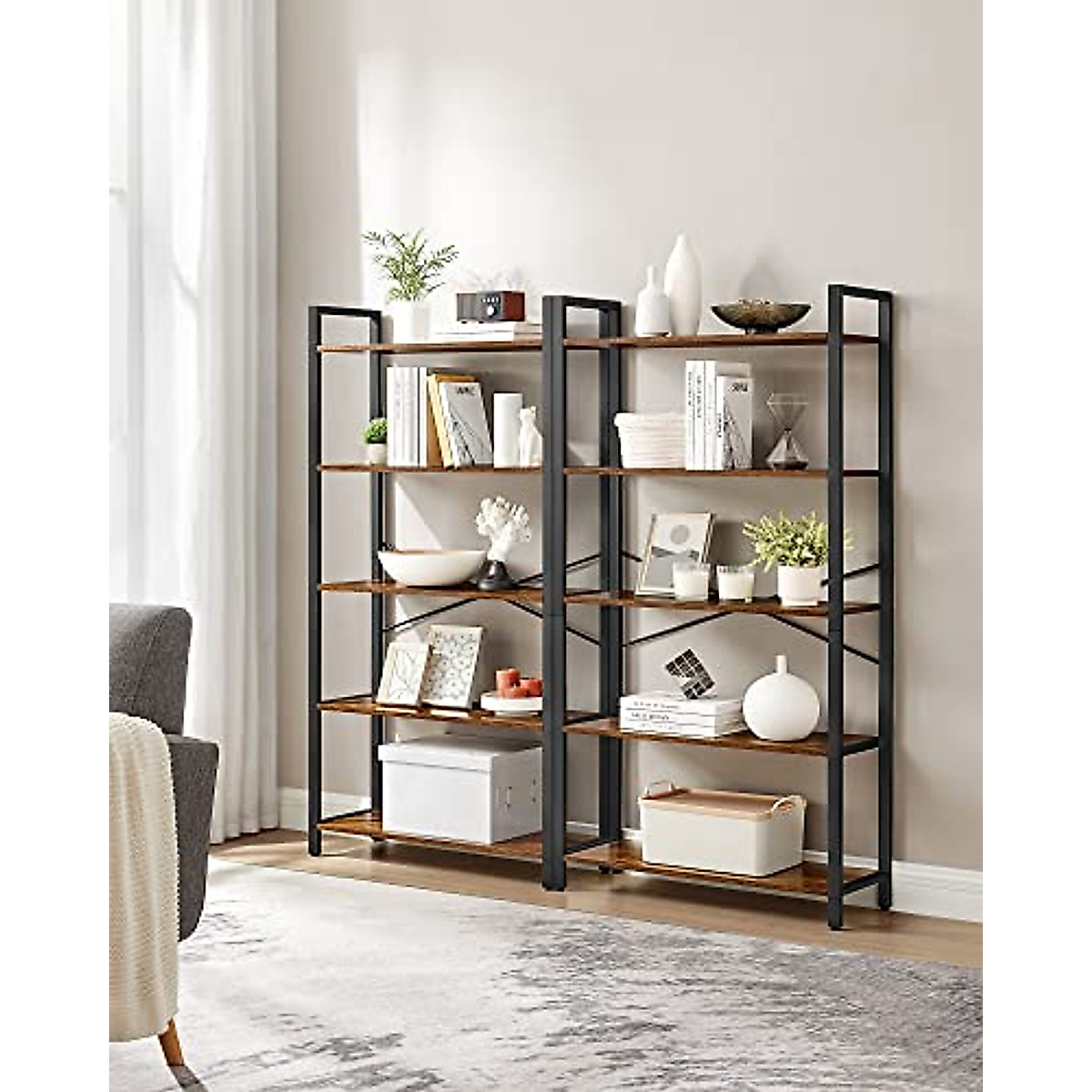 VASAGLE ALINRU Bookshelf, Bookcase, 5-Tier Storage Rack with Steel Frame, for Living Room, Office, Study, Hallway, Industrial Style, Rustic Brown and Black ULLS061B01
