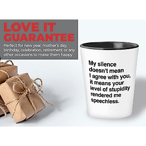 Bubble Hugs Sarcastic Funny Shot Glass 1.5oz - My Silence Doesn't Mean I Agree - Witty Sarcasm Comedy Adult Humor Inappropriate Hilarious Jokes
