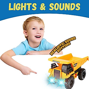 Big Construction Dump Truck Friction Powered Toy - 10-Inch Yellow Truck with Realistic Lights & Sounds, Lifting Bed, 4 Button Control Vehicle for Kids