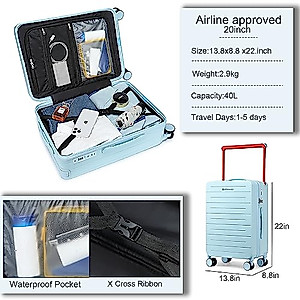 Somago 20 inch Carry On Luggage Wide Handle PC Hardside Rolling Bussiness Travel Suitcase With TSA Lock YKK Zipper&Silent Double Spinner Wheels(Blue)