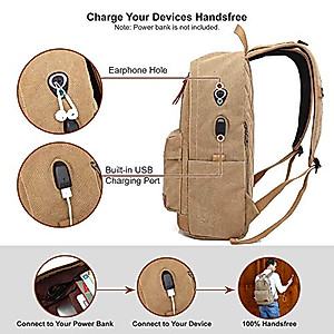 UNIWALK Canvas Laptop Backpack, Waterproof College Backpack With USB Charging Port For Men Women, Vintage Anti-theft Travel Daypack Rucksack Fits up to 15.6 inch Computer(Brown)