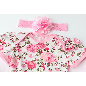Baby Girls 3 Piece Sets Romper Dress Shoes and Headband Rose Flower Outfits Clothes Pink S:3-6Months