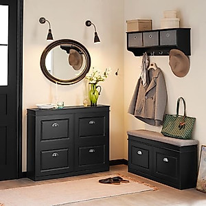 SoBuy Black Storage Shoe Bench with 2 Flip Drawers, Hidden Shoe Bench, Free Standing Shoe Rack, Shoe Cabinet, Hallway Storage Bench with Seat Cushion FSR64-SCH