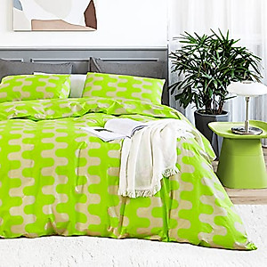 YuHeGuoJi Green Duvet Cover Queen 100% Cotton Striped Duvet Cover 3 Pcs Set 1 Fluorescent Green Geometric Duvet Cover with Zipper Ties 2 Pillowcases Modern Farmhouse Abstract Beige Bedding