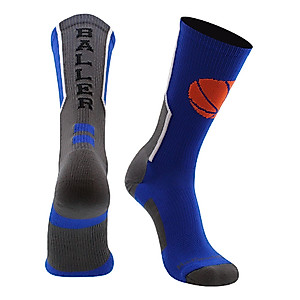 MadSportsStuff Baller Basketball Logo Crew Socks (Royal/White, Small)