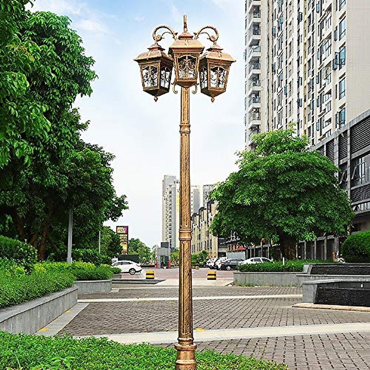 Lights Outdoor 3-Lights Country Vintage Metal Street Lights Courtyard Glass Lantern High Pole Path Column Lamp E27 Exterior Pillar Lantern IP55 Waterproof Park Community Lawn Post Light Stadium