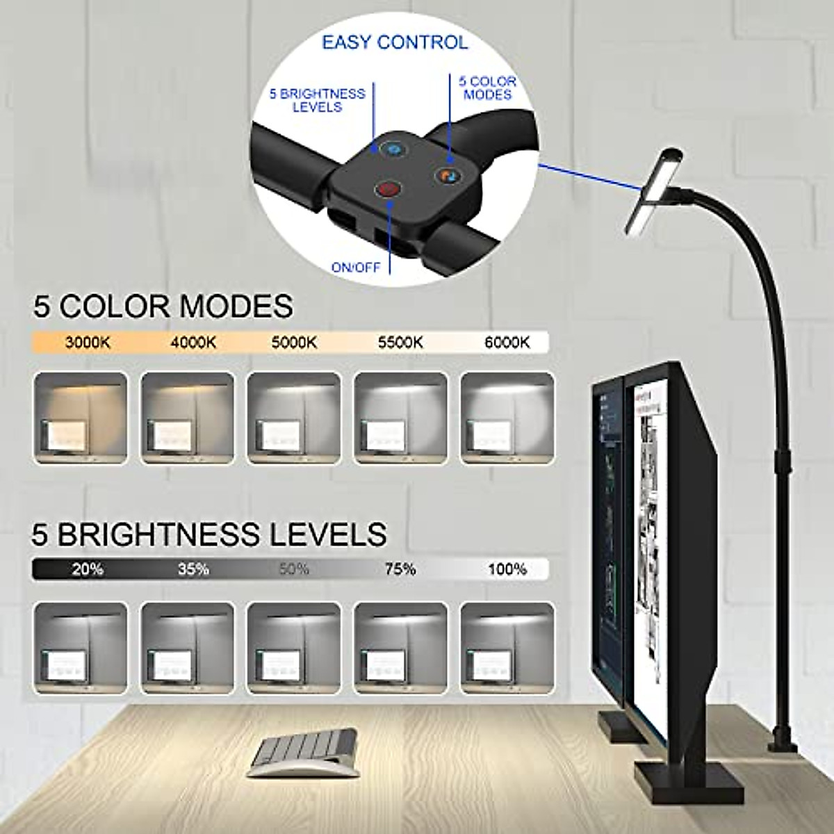 Mostorlit Double Head LED Desk Lamp, Eye Care Architect Tall Task Table Lamp with Clamp, 24W Super Bright Workbench Office Lighting for Monitor Studio Reading (Black)