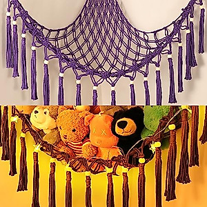 Razella Purple Stuffed Animal Net or Hammock with LED Light Net for Stuffed Animals Corner Plush Animal Storage Hammock for Wall Bedroom Living Boho Kids Room Decor