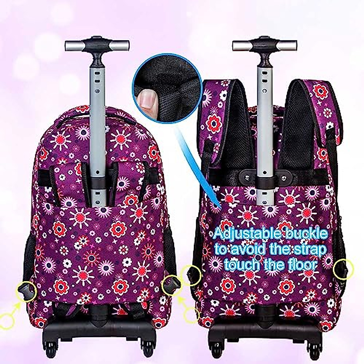 3PCS Rolling Backpack for Women, 19 Inches Travel Roller Bookbag with Wheels, Teen Girls College Backpacks Wheeled - Purple