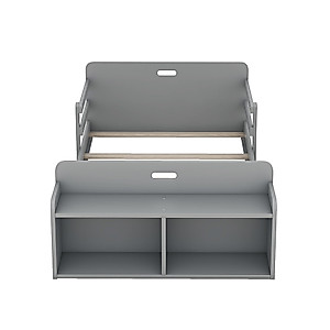 Twin Size Floor Bed with Rails and Storage Bench, Wood Kids Platform Bed Frame with Headboard and Footboard, No Box Spring Needed, Gray